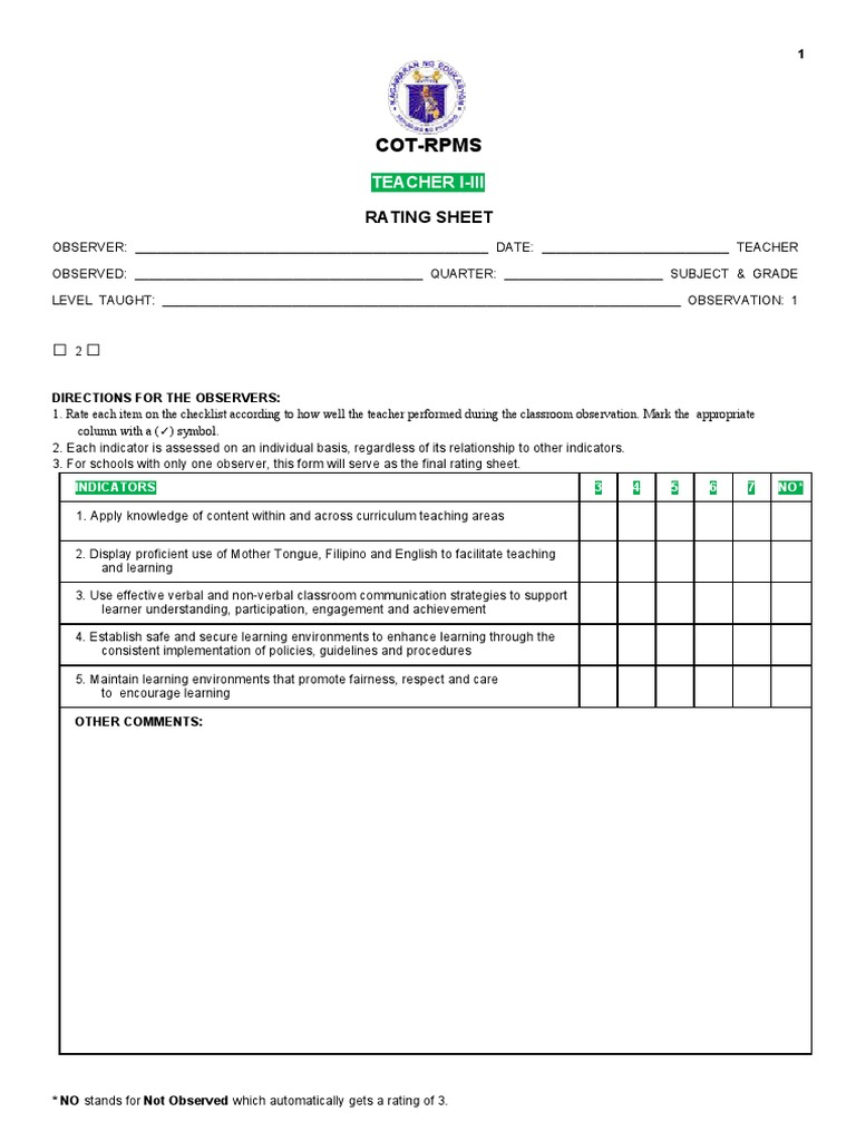 (Appendix 3C) COT-RPMS Rating Sheet For T I-III For SY 2021-2022 in The ...