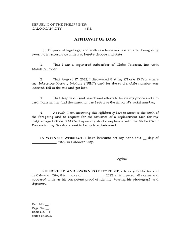 Affidavit of Loss - Sim Card For Gcash | PDF