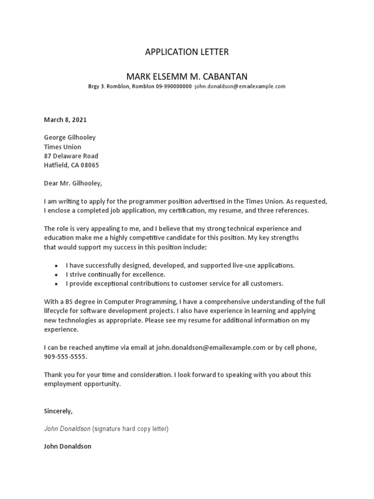 Application Letter Mark Elsemm M. Cabantan: March 8, 2021 | PDF