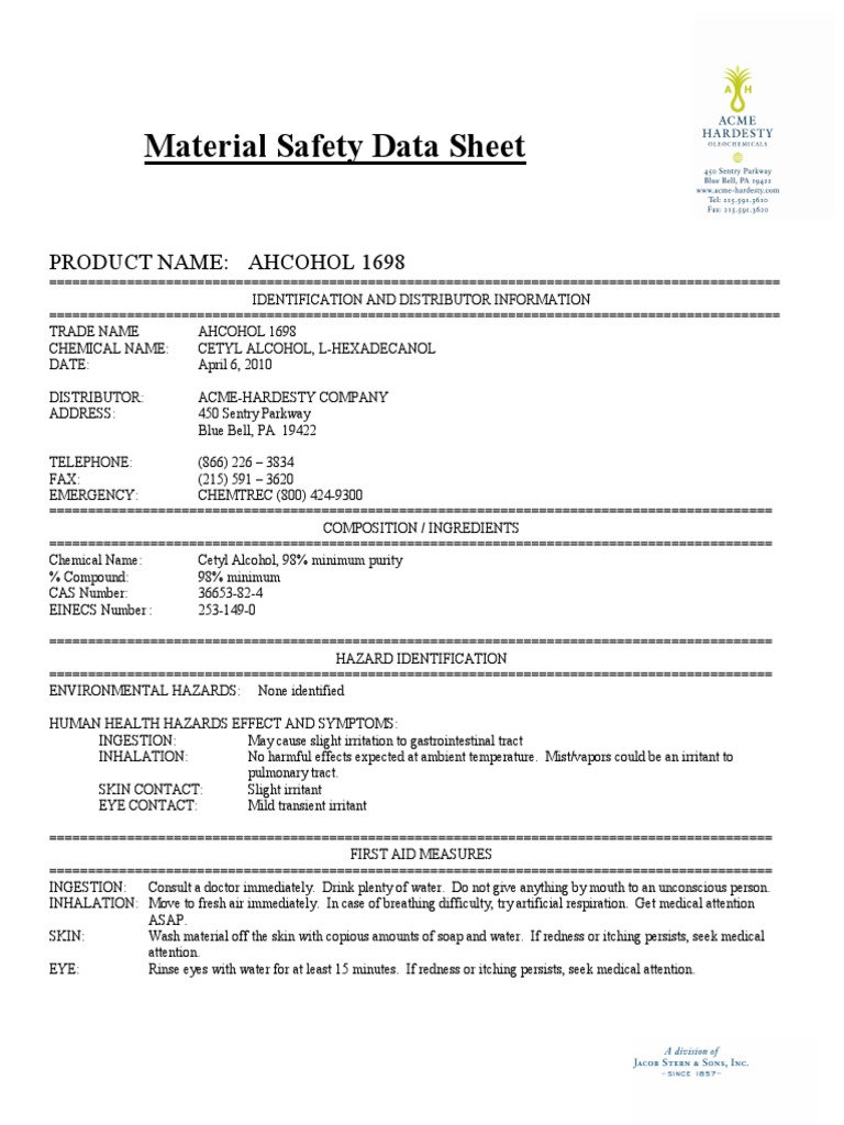 Material Safety Data Sheet: Product Name: Ahcohol 1698 | PDF | Water ...