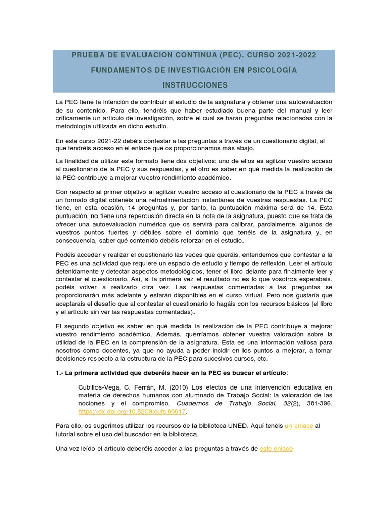 INSTRUCCIONES - PEC - Fundamentos de Investigación 2021-2022 | PDF | Cuestionario | Ciencia ...