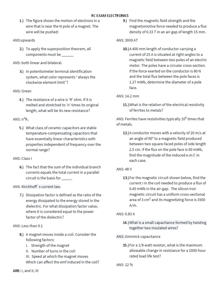 RC Exam Electronics 1.) 9.) | PDF | Inductor | Capacitor