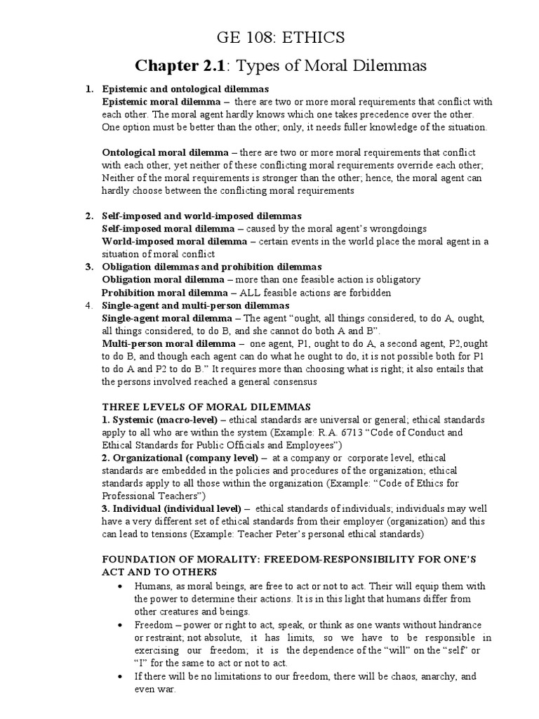 Chapter 2.1: Types of Moral Dilemmas: Ge 108: Ethics | PDF | Reason | Cognition