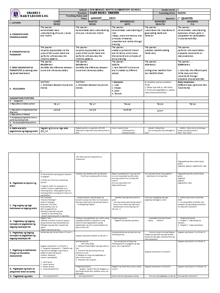 Grade 1 MAPEH Daily Lesson Plan | PDF | Rhythm | Learning