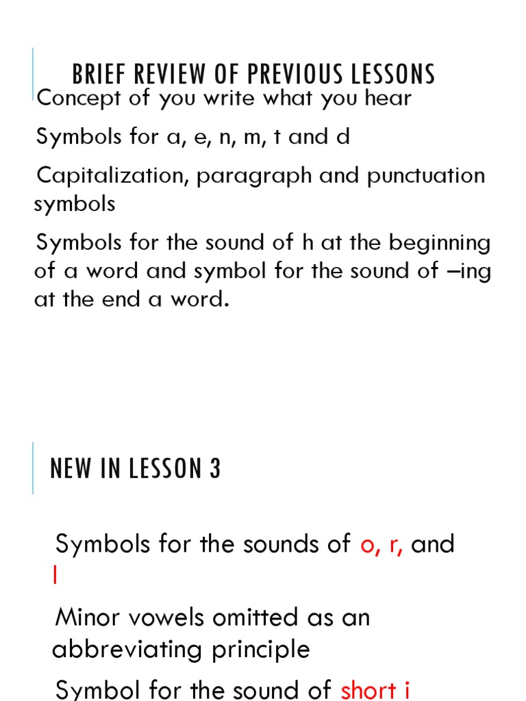 Brief Review of Previous Lessons | PDF | Shorthand | Vowel