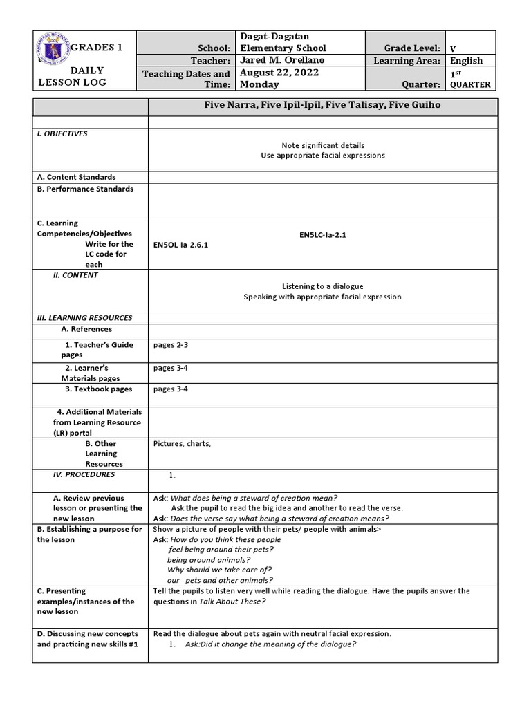 English DLL Q1 W1 Day 1 - 2 | PDF | Learning | Communication