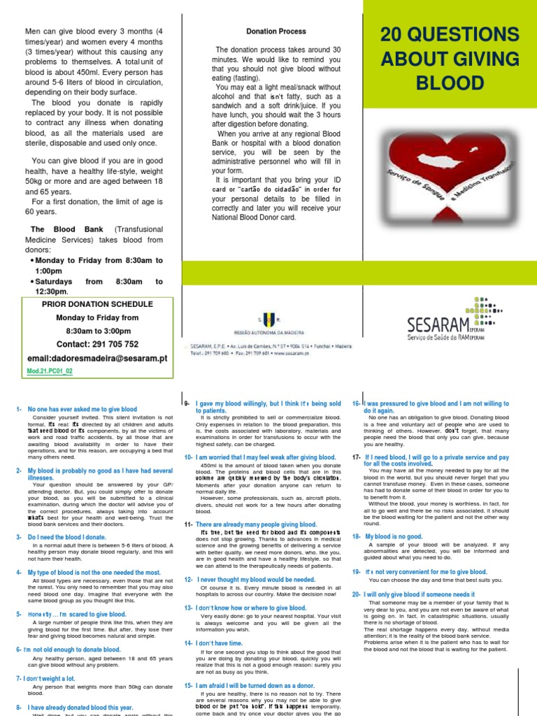 20 Questions About Giving Blood: Donation Process | PDF | Blood ...