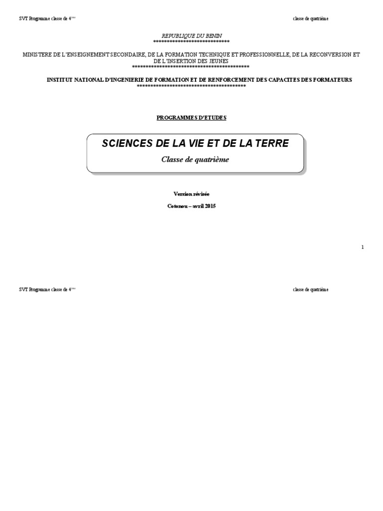 Programme SVT 4ème | Download Free PDF | Science | Apprentissage