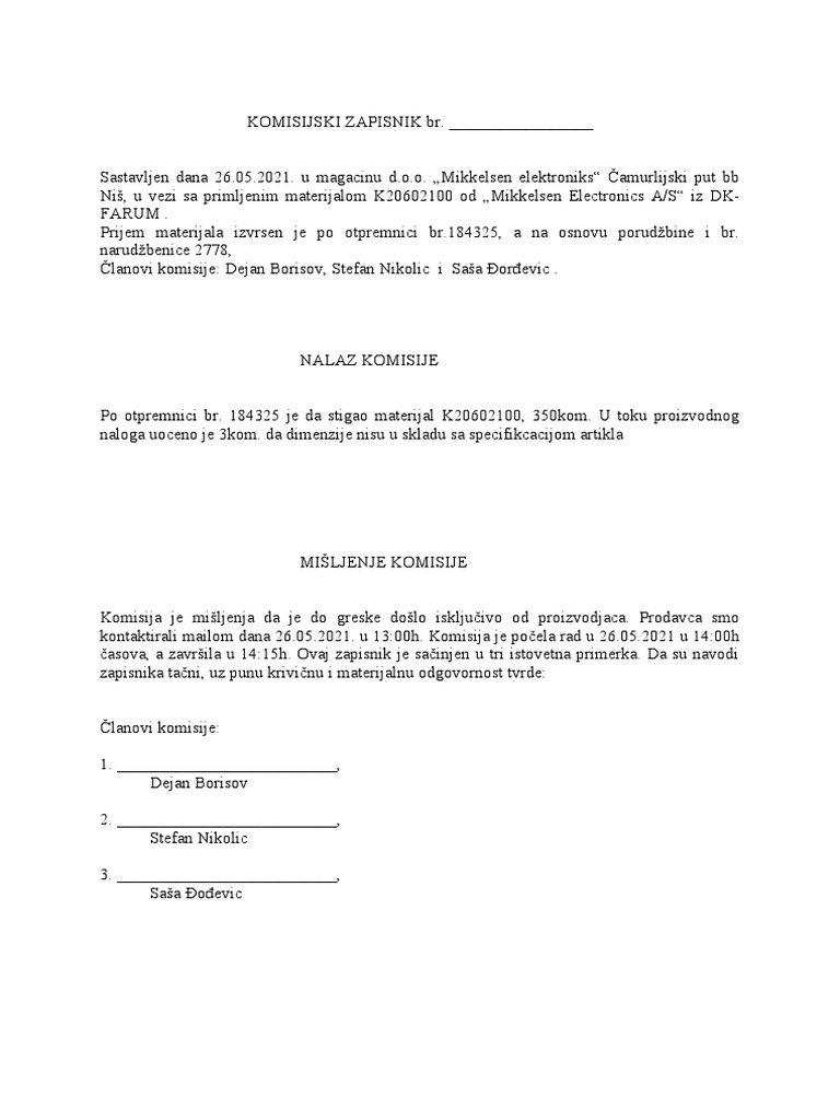 Komisijski Zapisnik 2-21 | PDF