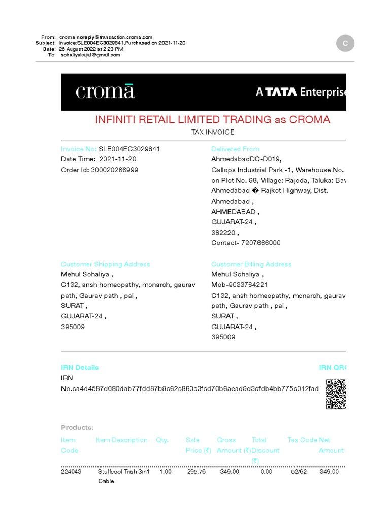 Infiniti Retail Limited Trading As Croma: Invoice No: Delivered From ...