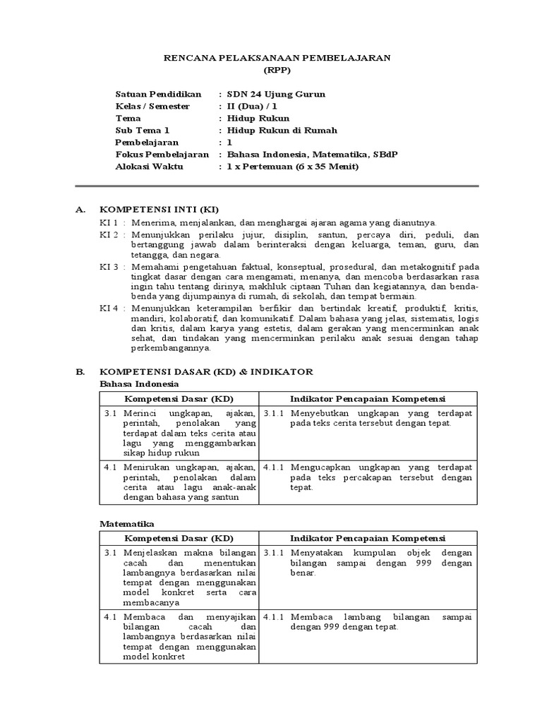 RPP Tema 1 Hidup Rukun | PDF | Karier & Perkembangan | Seni & Disiplin Bahasa