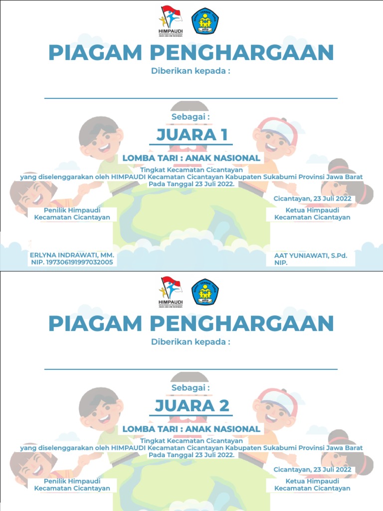Piagam Penghargaan Lomba Hari Anak Himpaudi | PDF