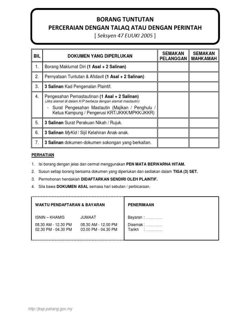 01 Borang Tuntutan Perceraian Dengan Talaq | PDF