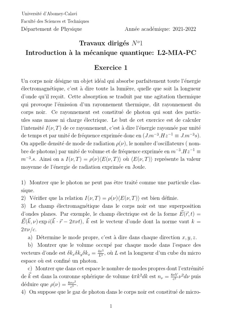 Travaux Dirig Esn 1 Introduction ' Alam Ecanique Quantique: L2-Mia-Pc Exercice 1 | PDF | Photon ...