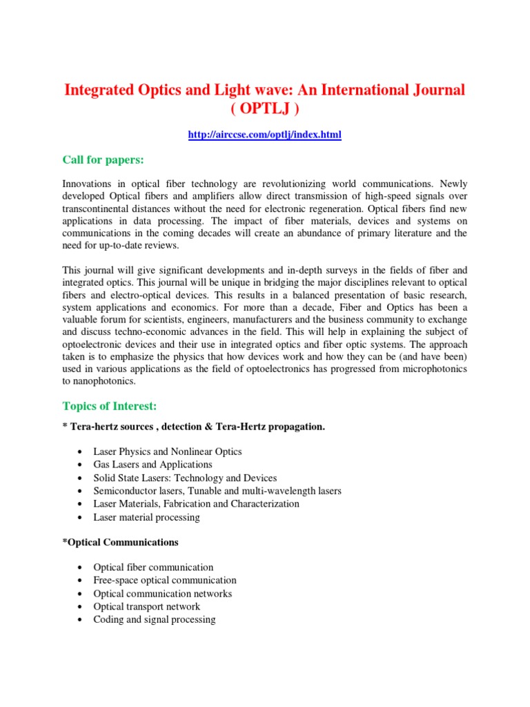 Integrated Optics and Lightwave: An International Journal (OPTLJ) | PDF ...