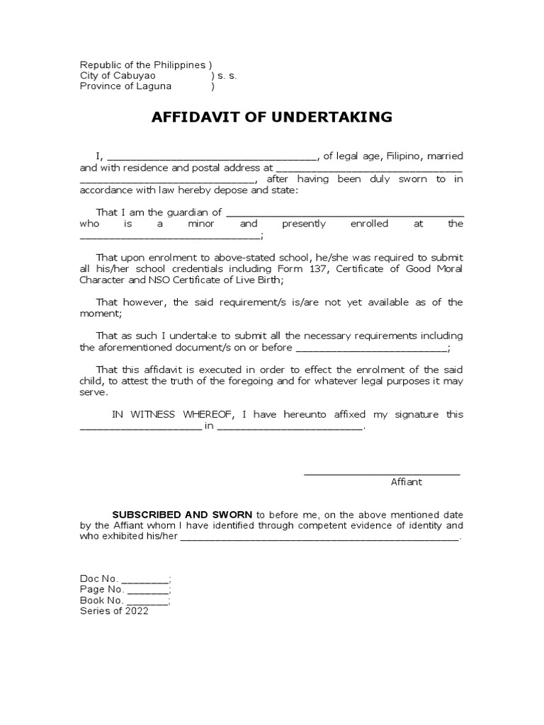 Affidavit of Undertaking for School | PDF | Affidavit | Civil Law ...