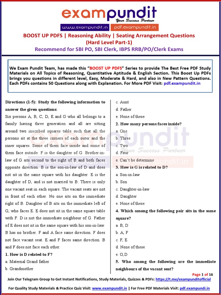 Seating Arrangement Questions Hard Level Part 1 Boost Up Pdfs | PDF