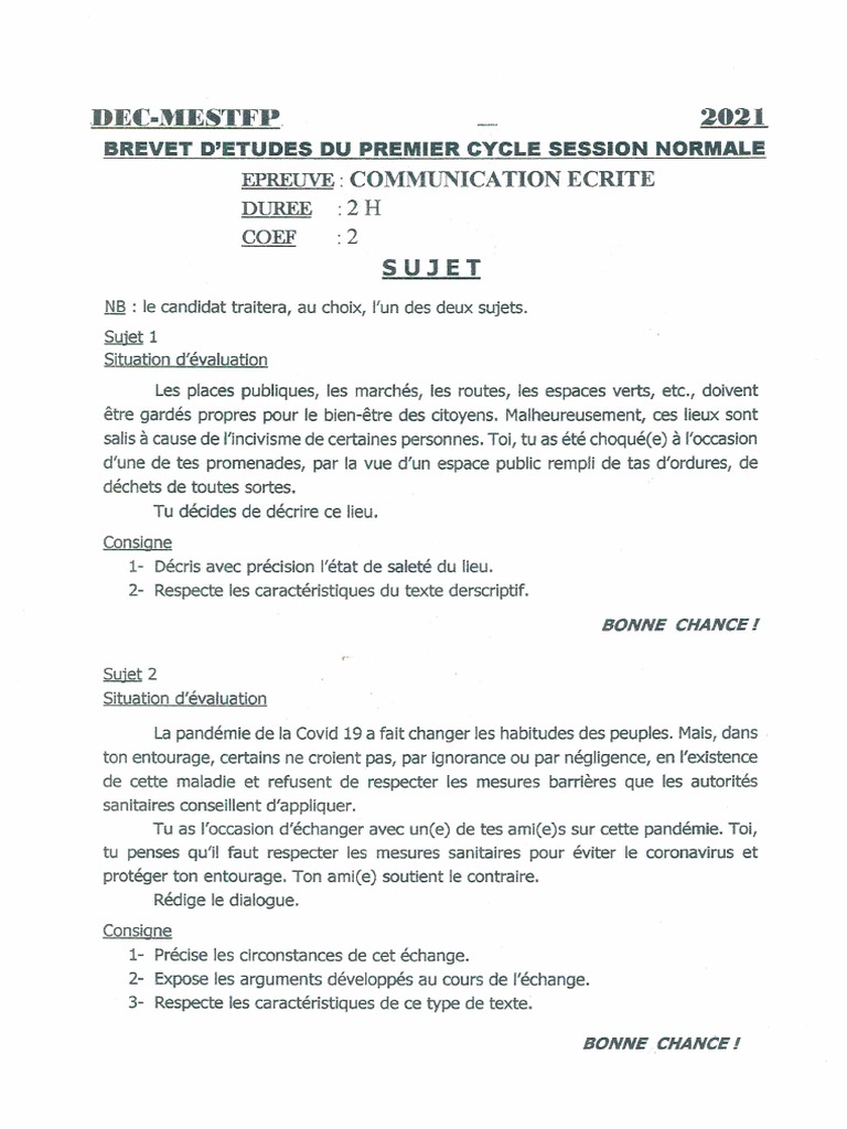 Epreuves Bepc 2021 | PDF