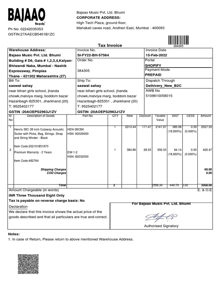 Tax Invoice: Shipping Charges COD Charges | PDF | Taxes | Government ...