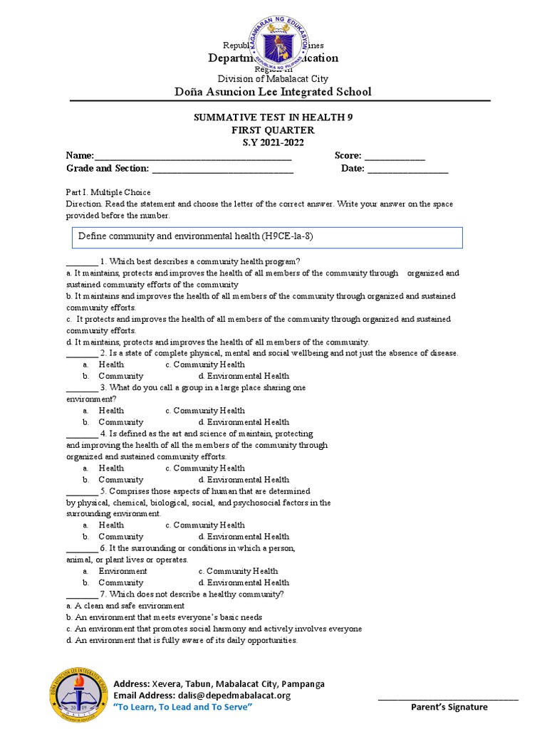 Summative Test H9 First Quarter | PDF | Environmental Health | Health ...