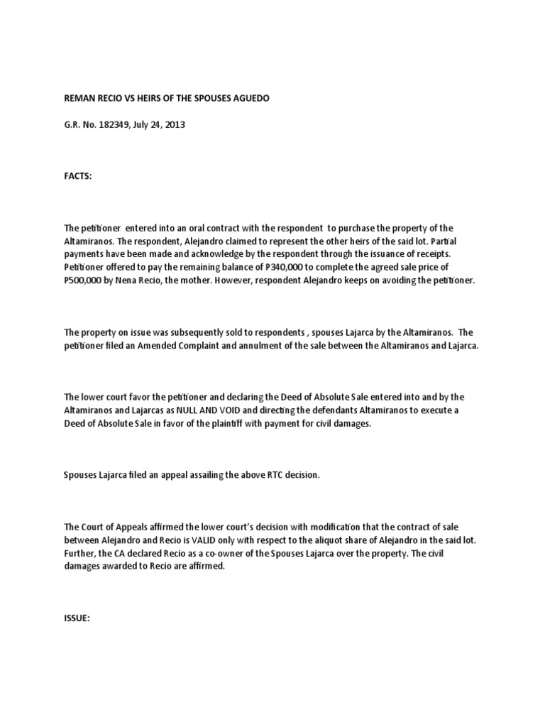Recio vs. Aguedo (Case Digest) | PDF | Deed | Appellate Court