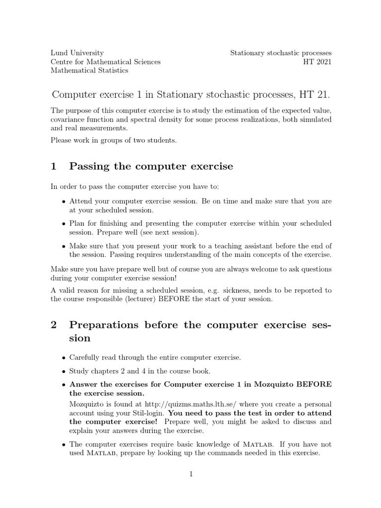 Computer Exercise 1 in Stationary Stochastic Processes, HT 21 | Download Free PDF | Spectral ...