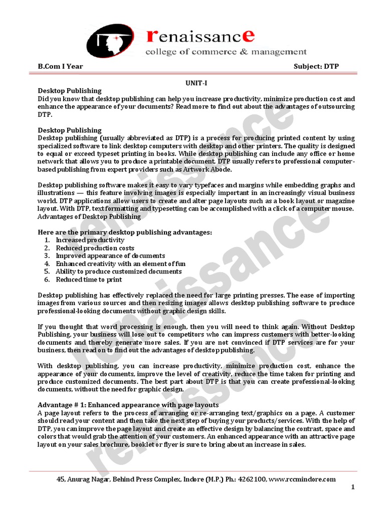 Subject: DTP: Unit-I Desktop Publishing | PDF | Page Layout | Printer (Computing)