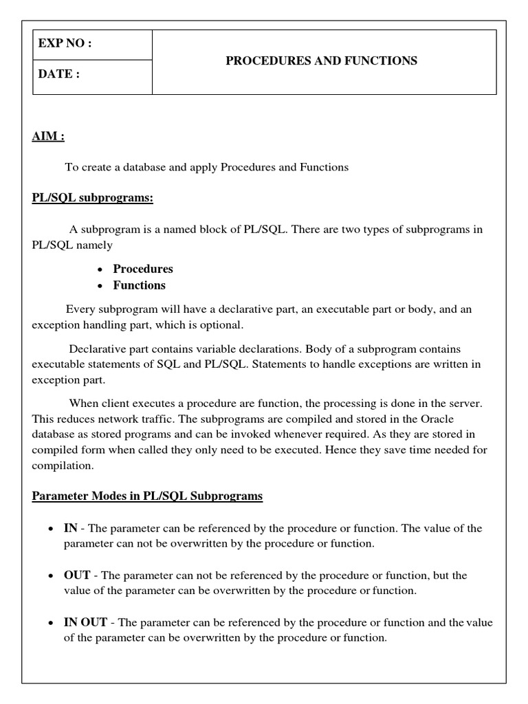 Expno: Procedures and Functions Date | PDF | Subroutine | Pl/Sql