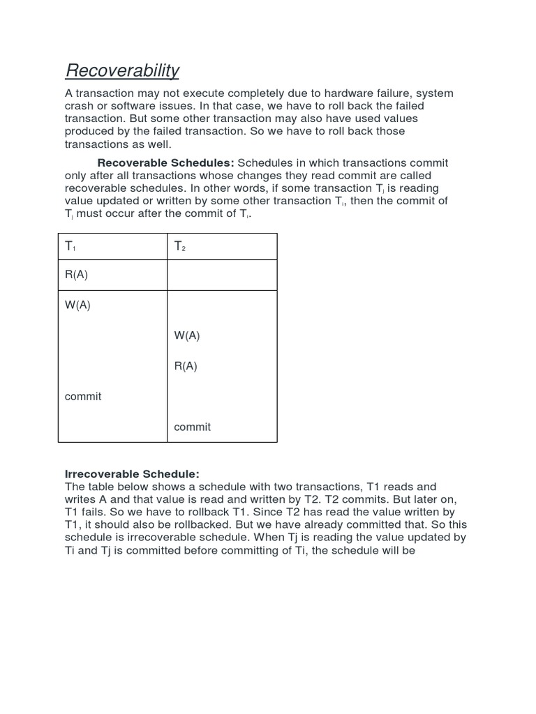 Recoverability: Recoverable Schedules: Schedules in Which Transactions ...