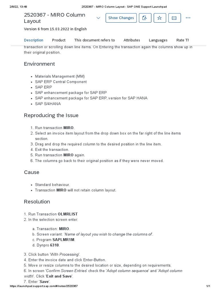 MIRO Column Layout - SAP ONE Support Launchpad | PDF | Computers