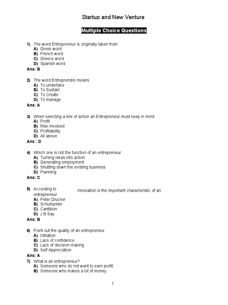 MCQ Start Up and Venture | PDF | Entrepreneurship | Retail