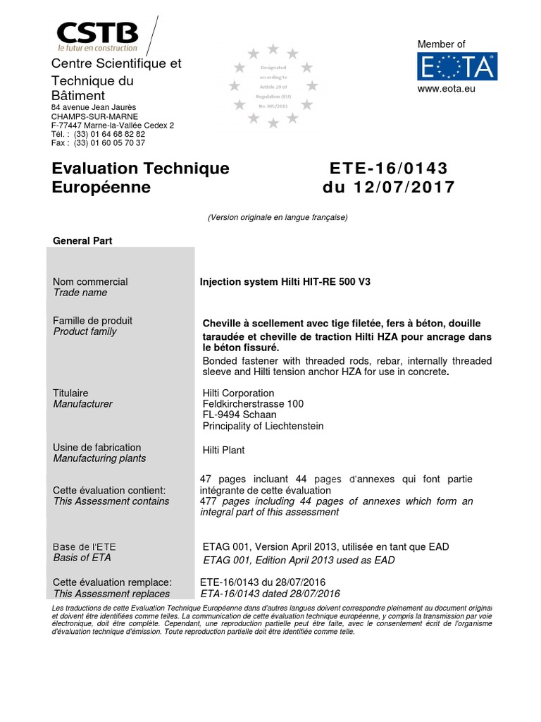 Système d'injection Hilti HIT-RE 500 V3 | PDF | Acier | Corrosion