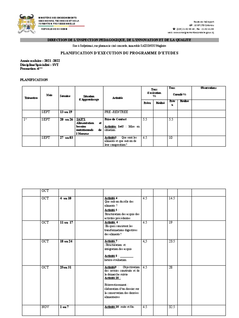SVT - 6ème - PLANNING SUIVI PROGRESSION | PDF