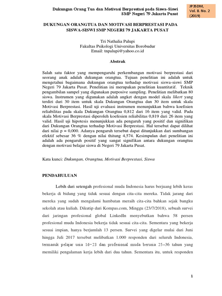 Dukungan Orang Tua Dan Motivasi Berprestasi Pada Siswa-Siswi SMP Negeri 79 Jakarta Pusat | PDF