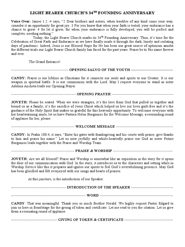 34th Church Founding Anniversary Script | PDF | Prayer | Jesus