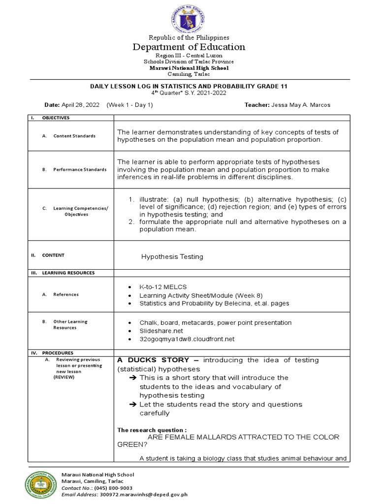 DLL Stat 4th Week 1day 1 | PDF | Type I And Type Ii Errors | Hypothesis