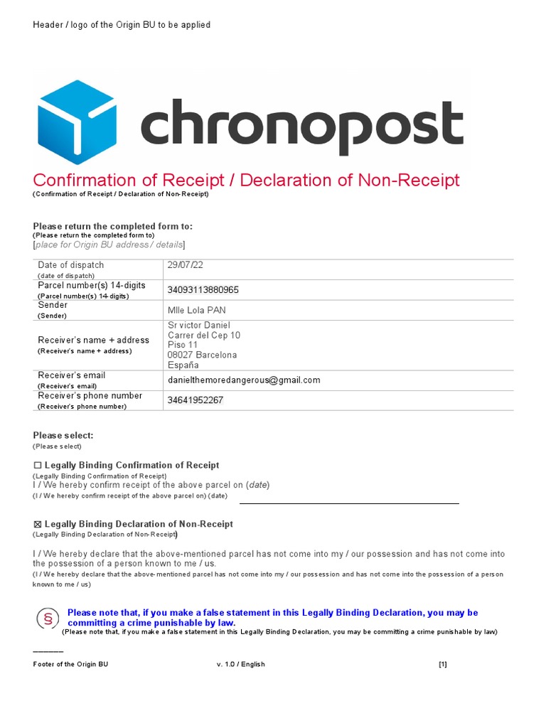 Confirmation of Receipt / Declaration of Non-Receipt: Header / Logo of ...