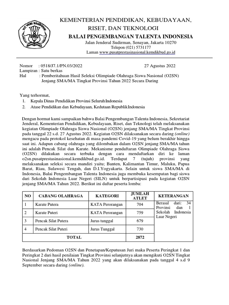 Hasil Seleksi O2SN SMA - Provinsi | PDF