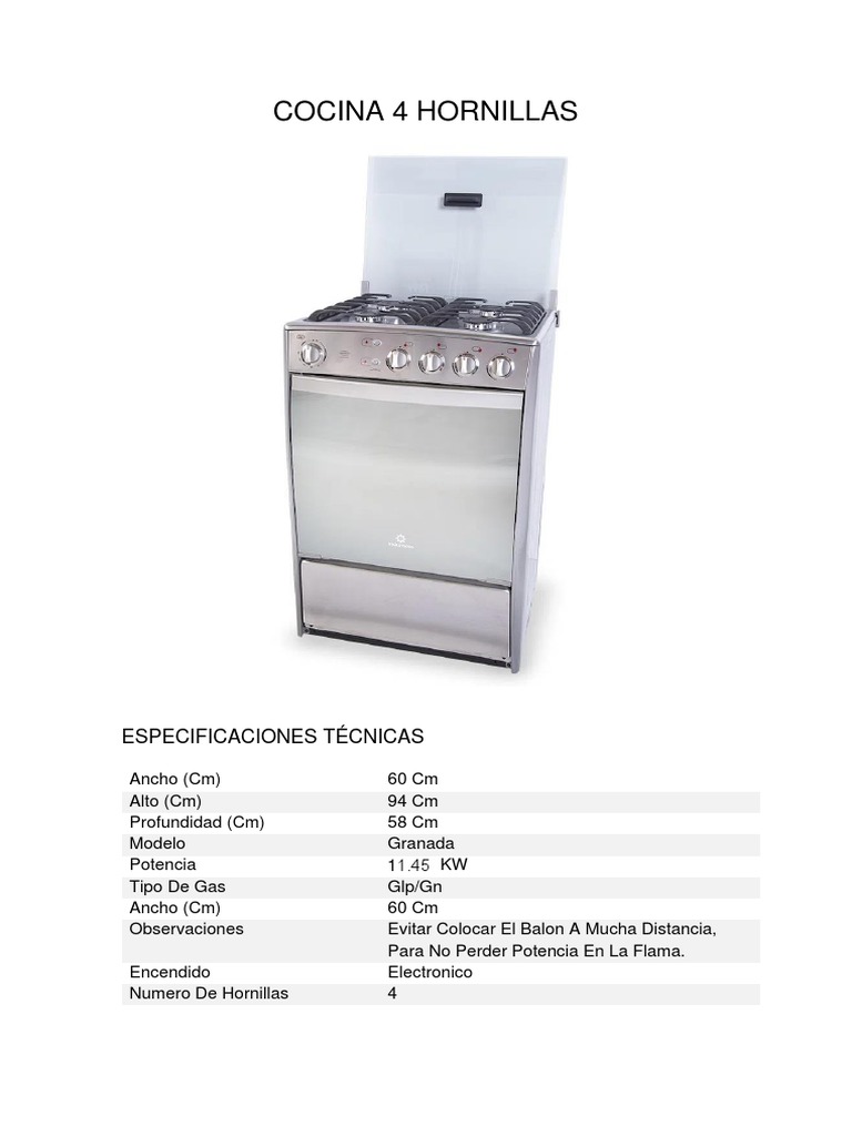 Ficha Tecnica Cocina 4 Hornillas | PDF