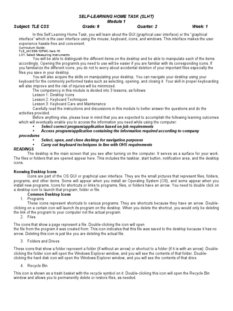 SLHT Grade 9 Week 1 MODIFIED | Download Free PDF | Icon (Computing) | System Software