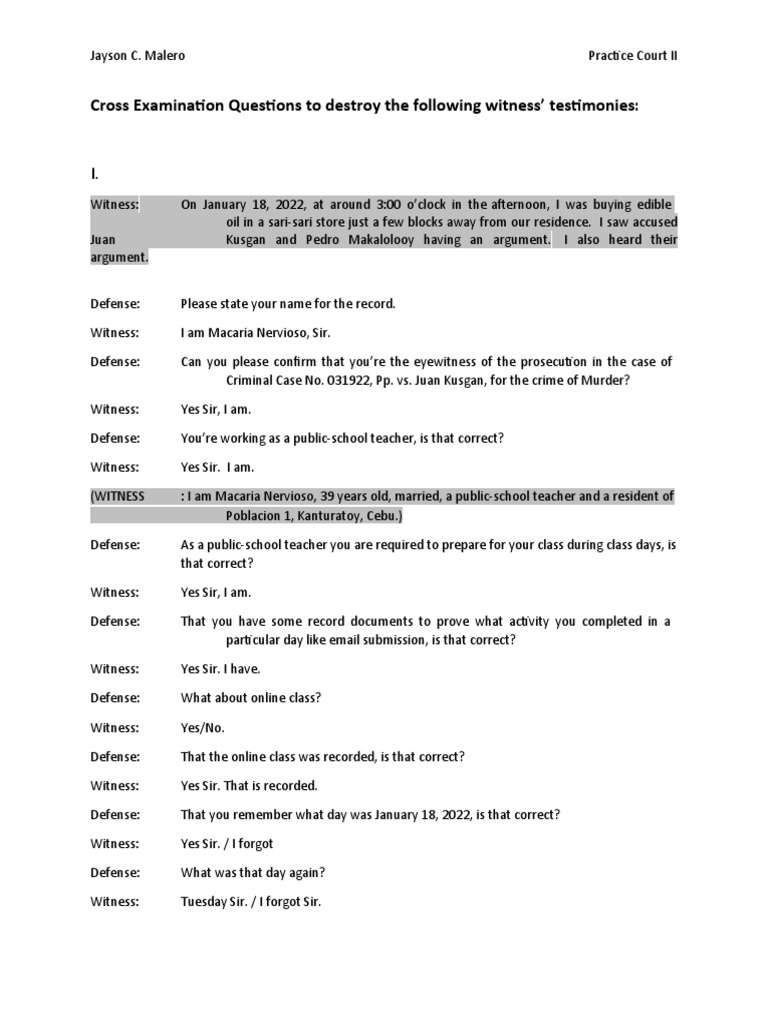 Cross-Examination-Questions-For-Mock-Trial | PDF | Witness | Criminal Law