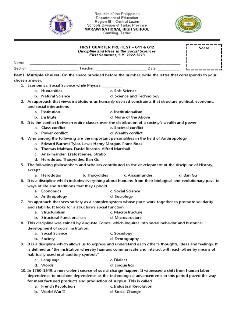 Part I: Multiple Choices. On The Space Provided Before The Number, Write The Letter That ...