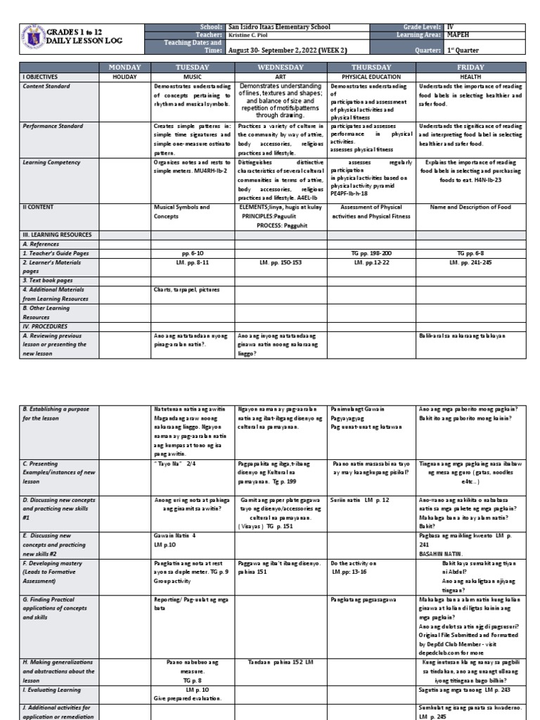 Monday Tuesday Wednesday Thursday Friday: GRADES 1 To 12 Daily Lesson Log | Download Free PDF ...