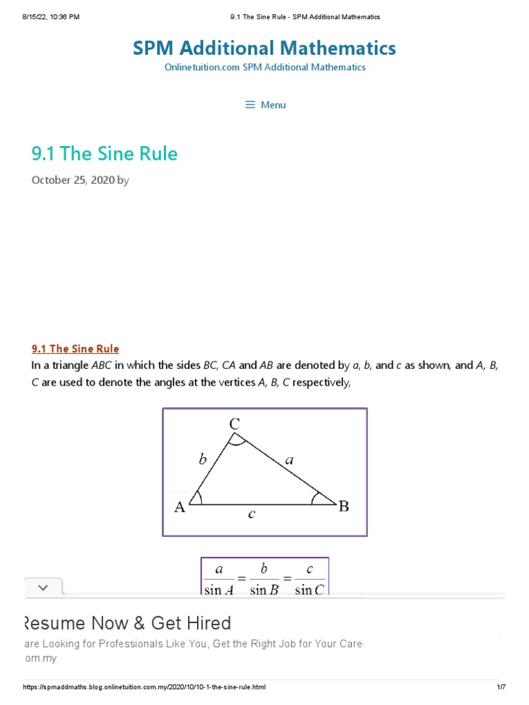 9.1 The Sine Rule - SPM Additional Mathematics | PDF | Triangle ...