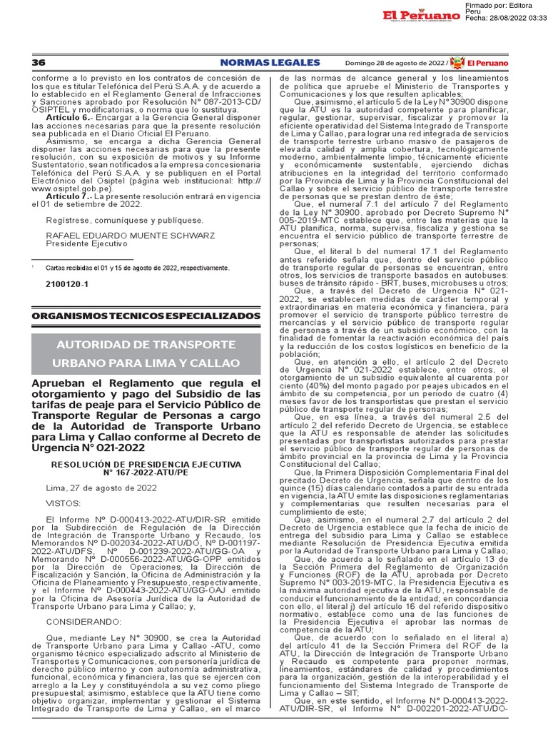 Aprueban El Reglamento Que Regula El Otorgamiento y Pago Del Resolucion N 167 2022 Atupe 2100172 ...