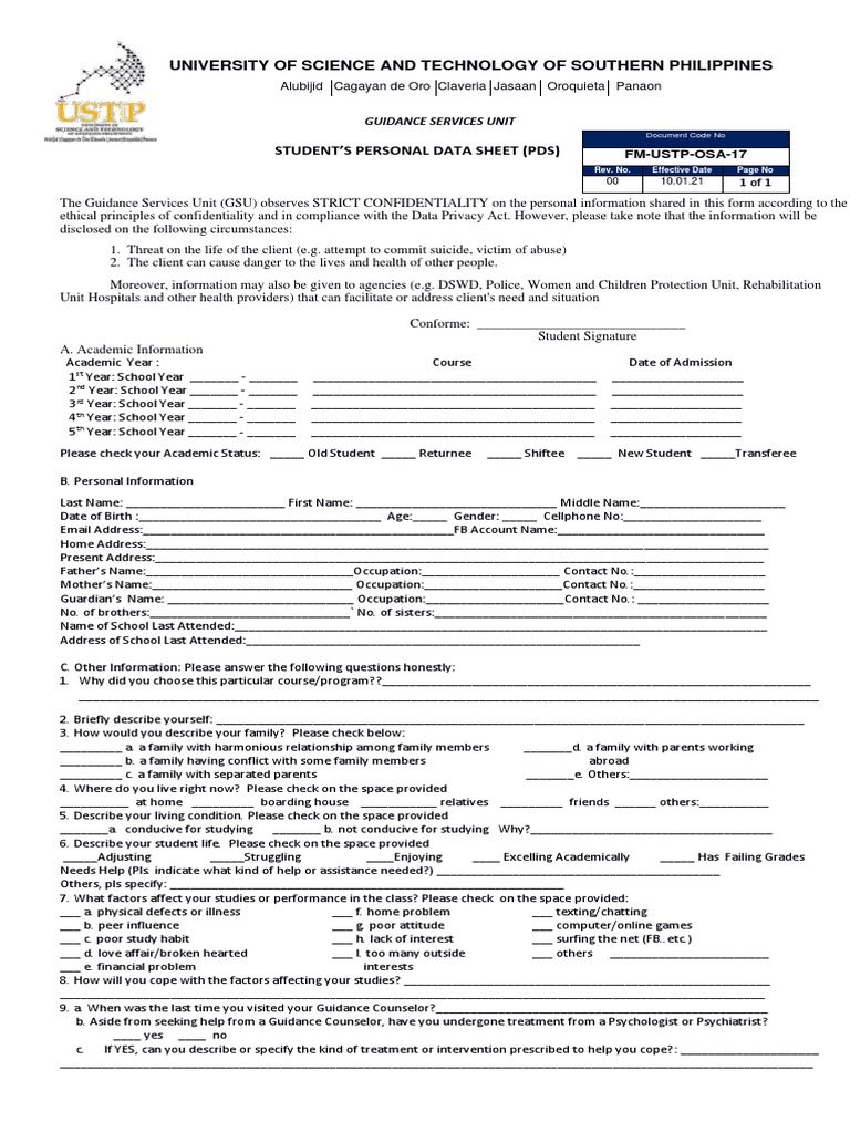 Students Personal Data Sheet Form | Download Free PDF | Confidentiality ...