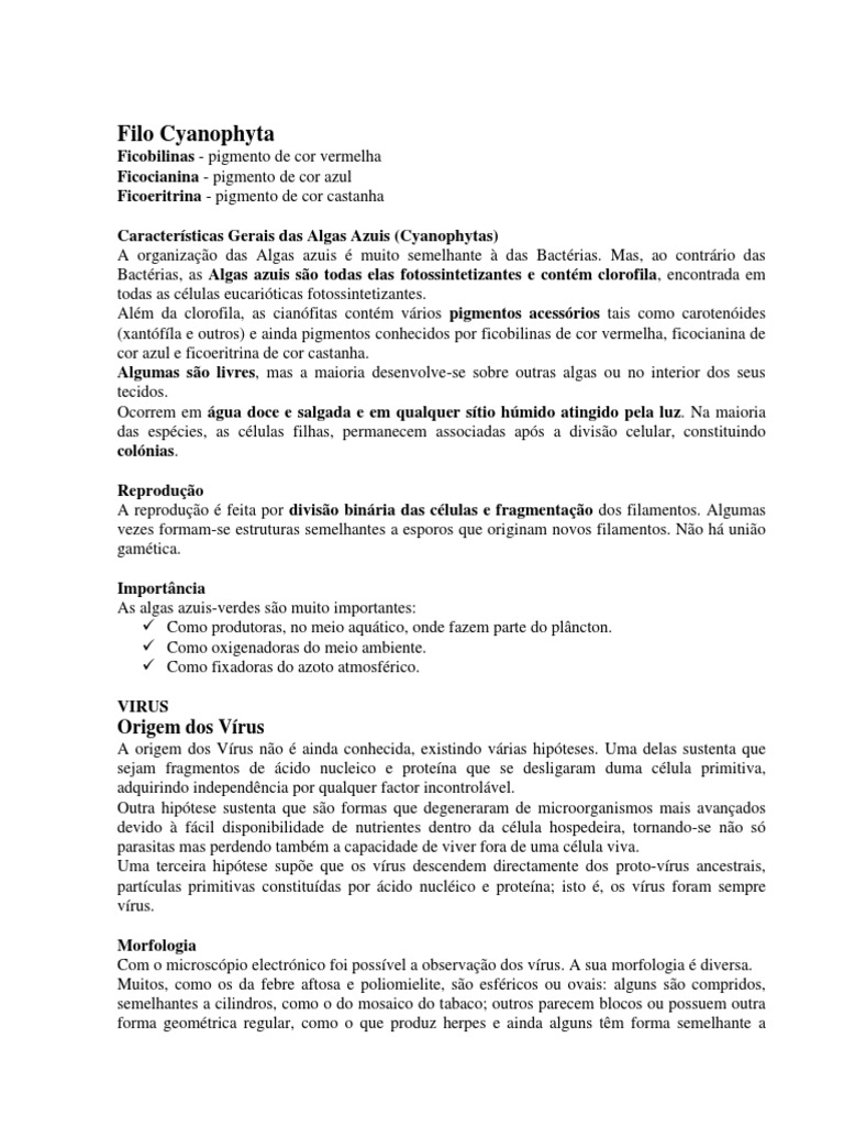 Características e Importância das Cianófitas | PDF | Vírus | Cianobactéria