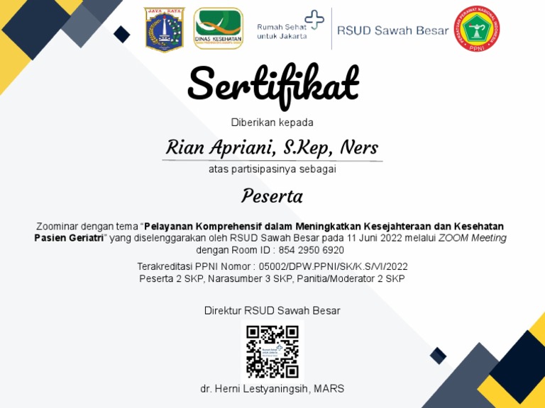 Sertifikat Seminar Keperawatan Geriatri - Rian Apriani, S.Kep, Ners | PDF
