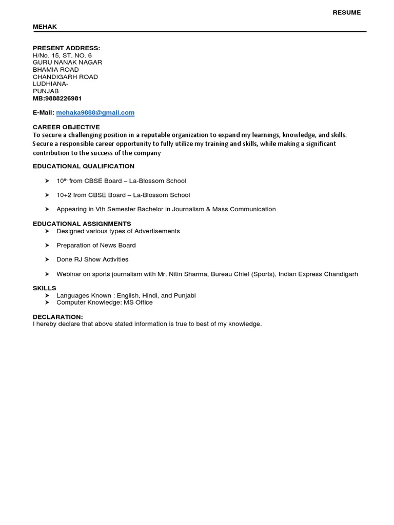 Mehak Resume-1 | PDF | Career & Growth