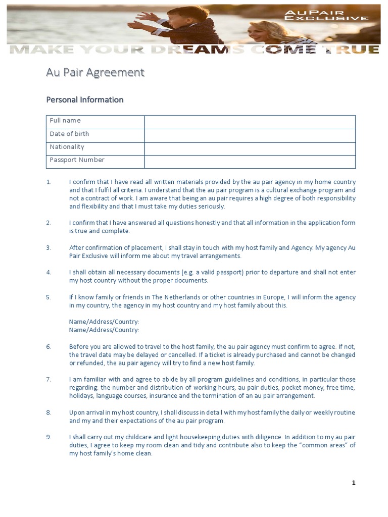 Au Pair Agreement: Personal Information | PDF